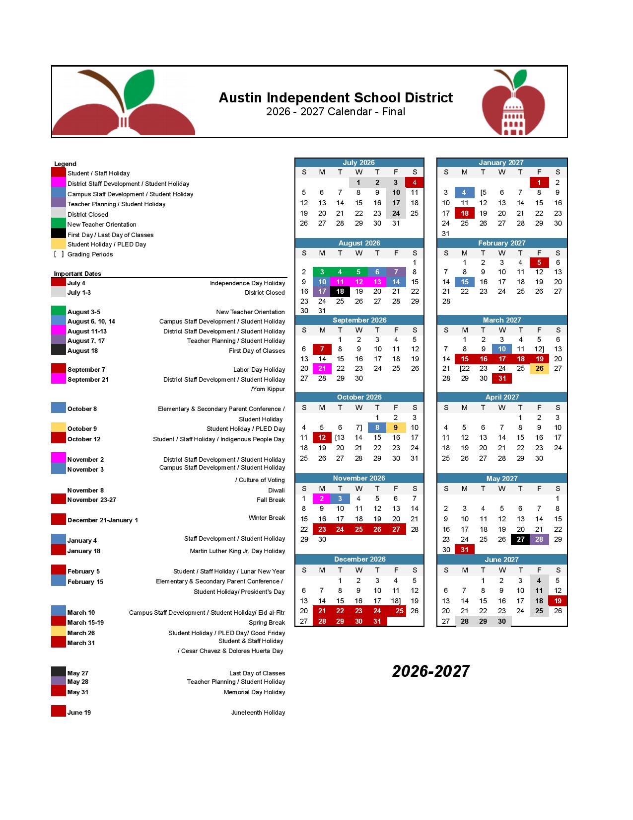 Austin ISD Calendar 2026-27 (Austin Independent School District)