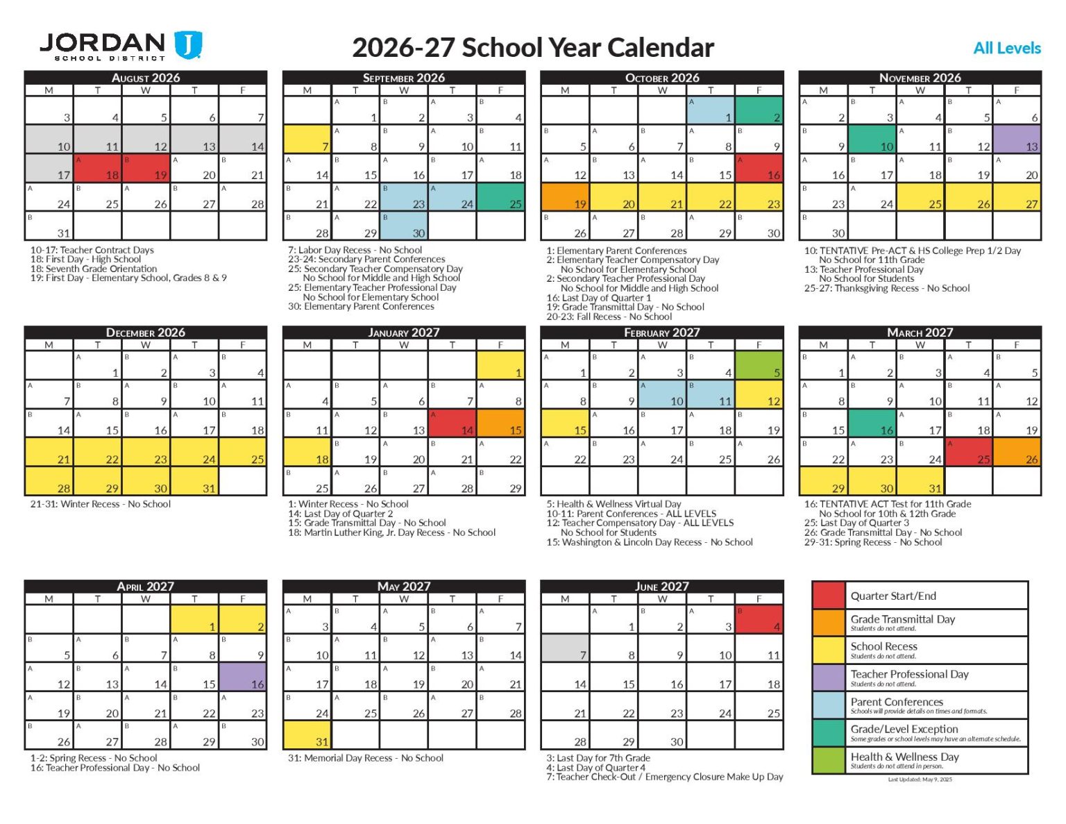 Jordan School District Calendar 2026-2027 & Holidays