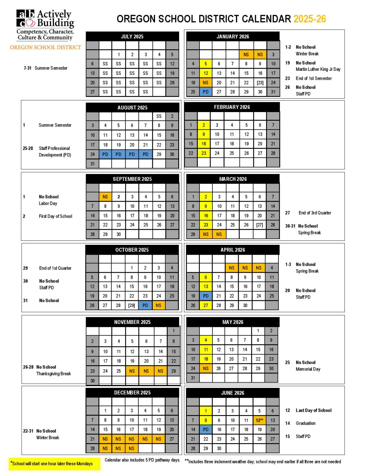 Oregon School District Calendar 2026-2027 & Holidays