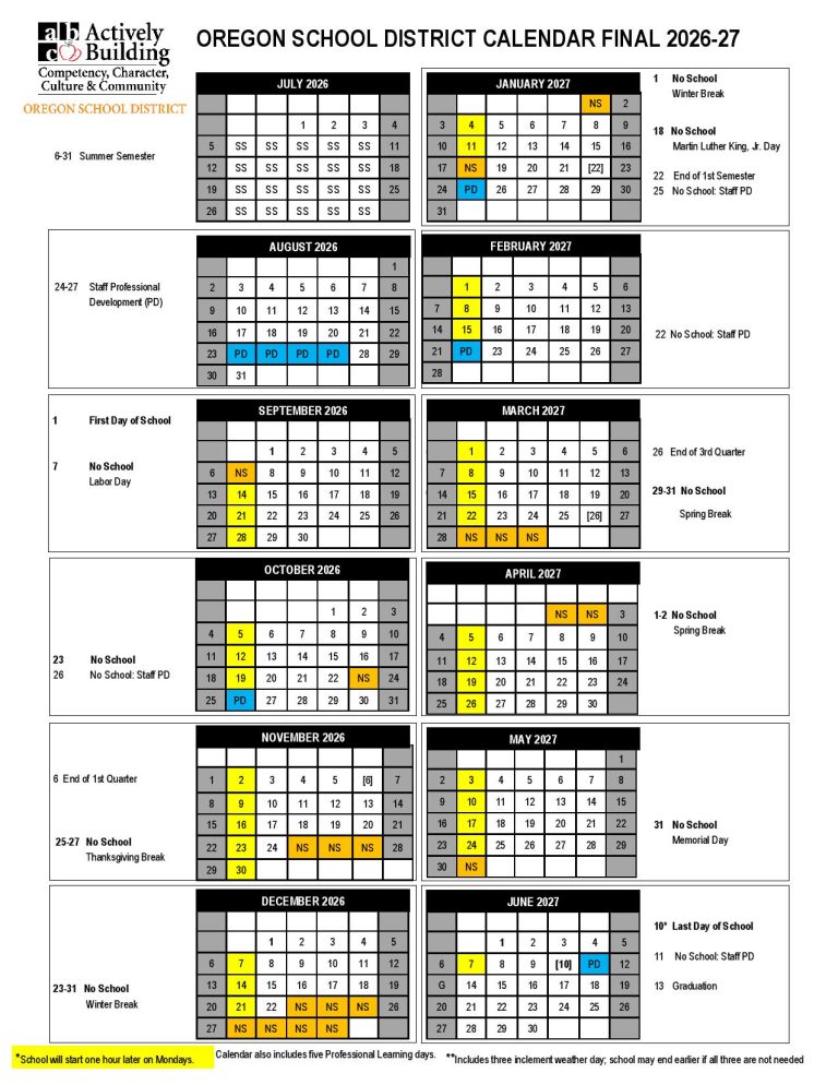Oregon School District Calendar 2026-2027 & Holidays