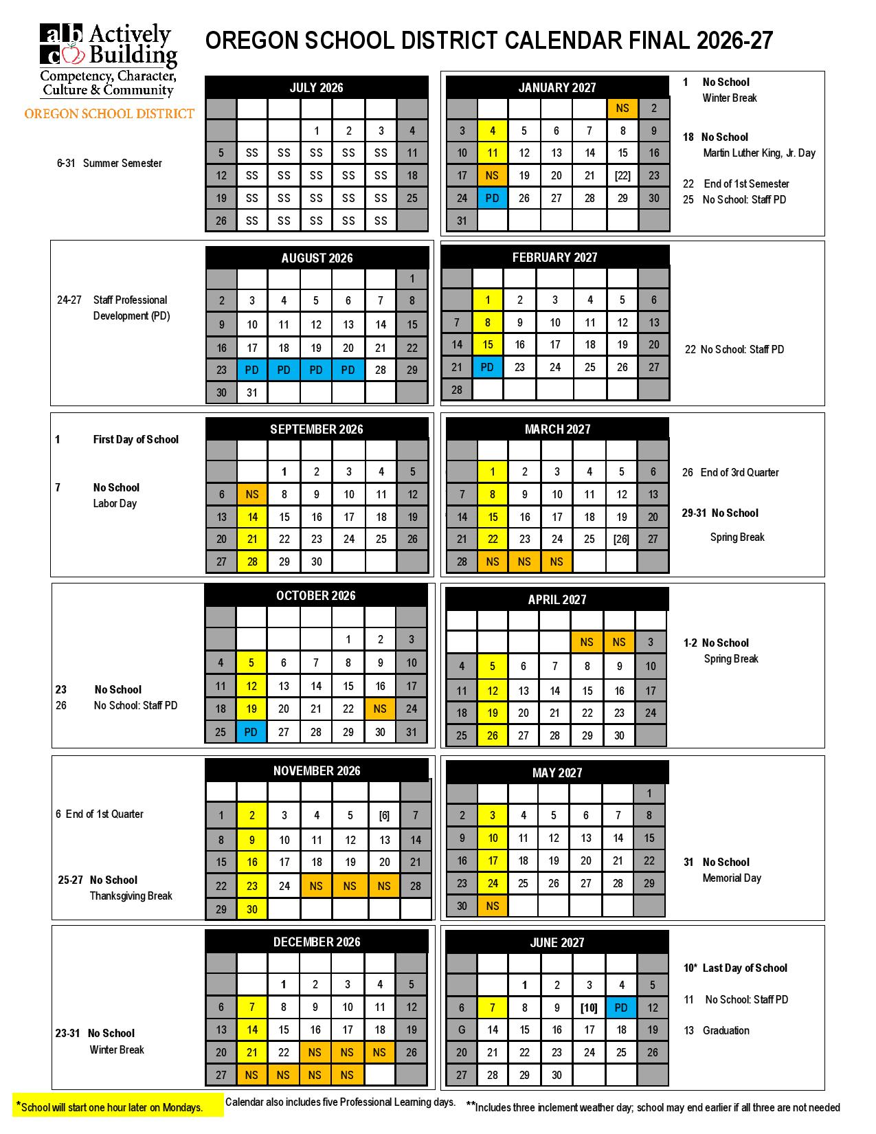 Oregon School District Calendar 2026-2027 & Holidays