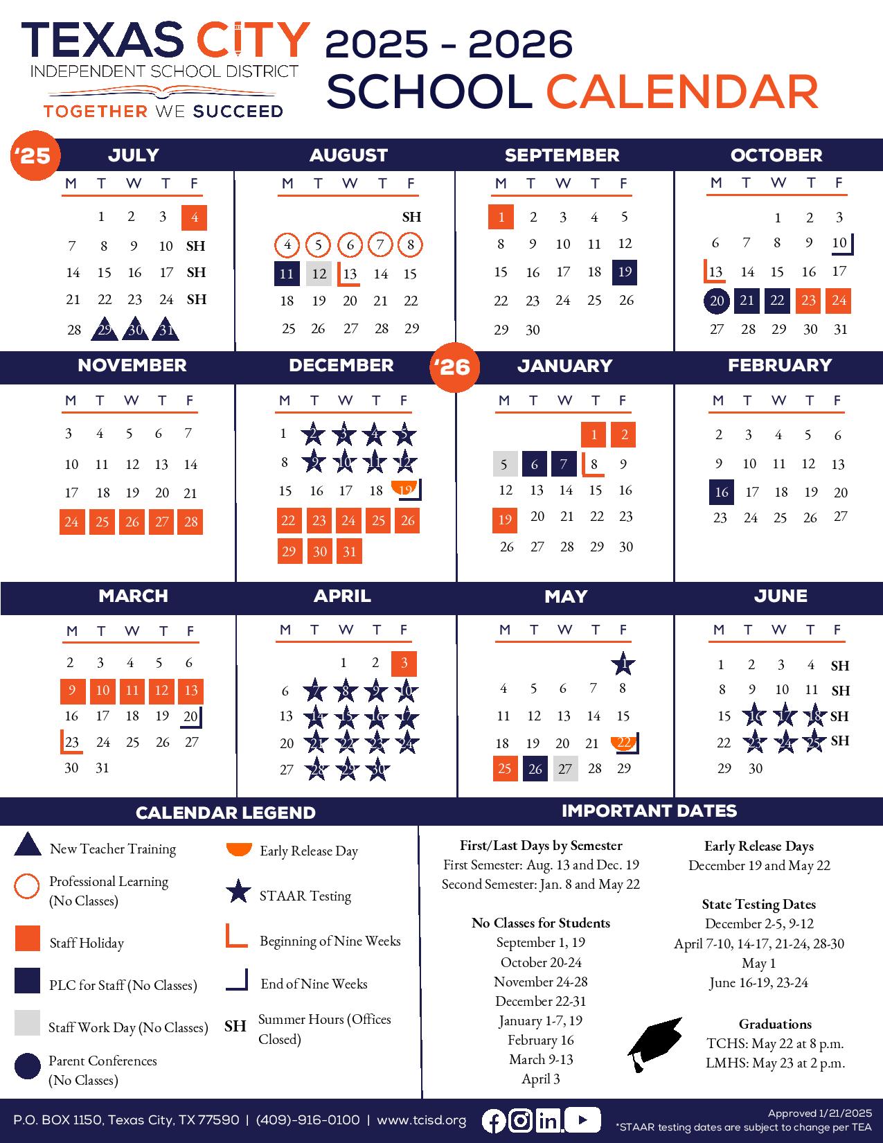 Texas City Independent School District Calendar 2025-2026