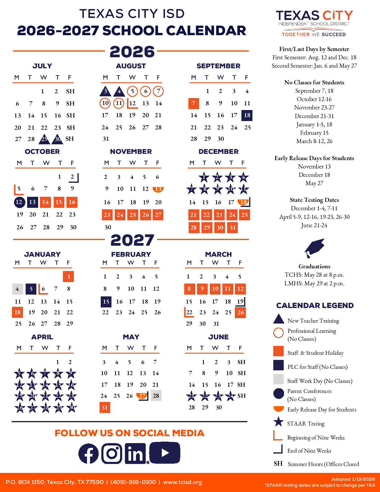 Texas City Independent School District Calendar 2026-2027