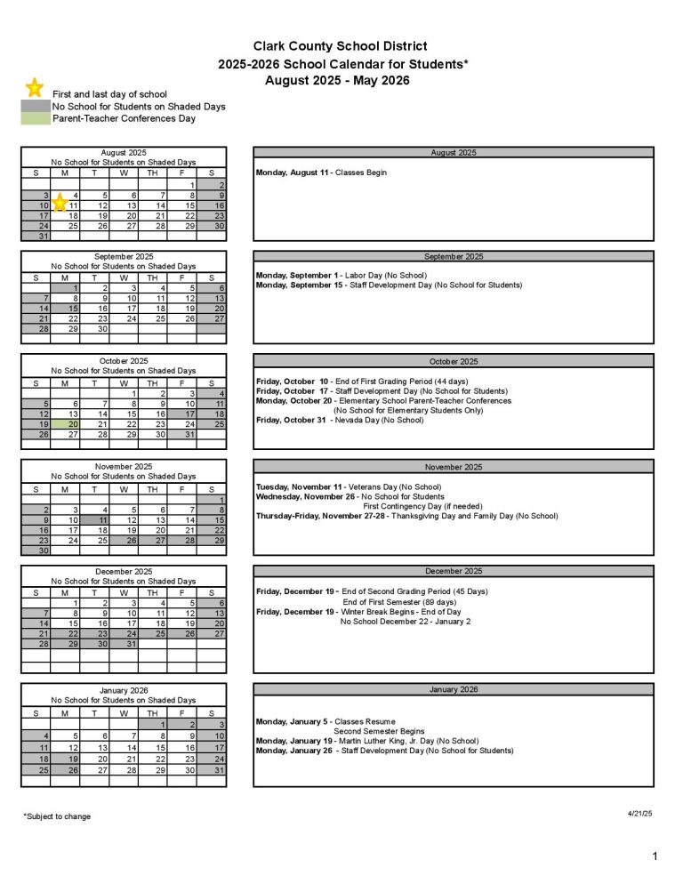 Clark County School District Calendar 2025-2026 & Holidays