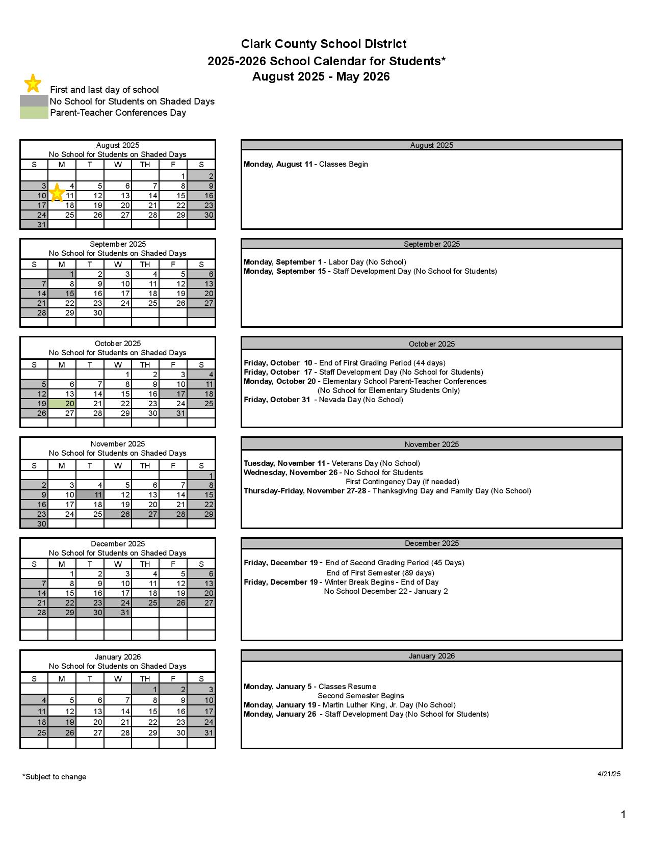 Clark County School District Calendar 2025-2026 & Holidays