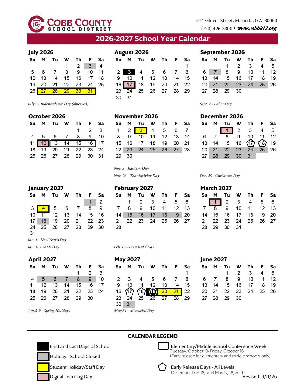 Cobb County School District Calendar 2026-2027 in PDF