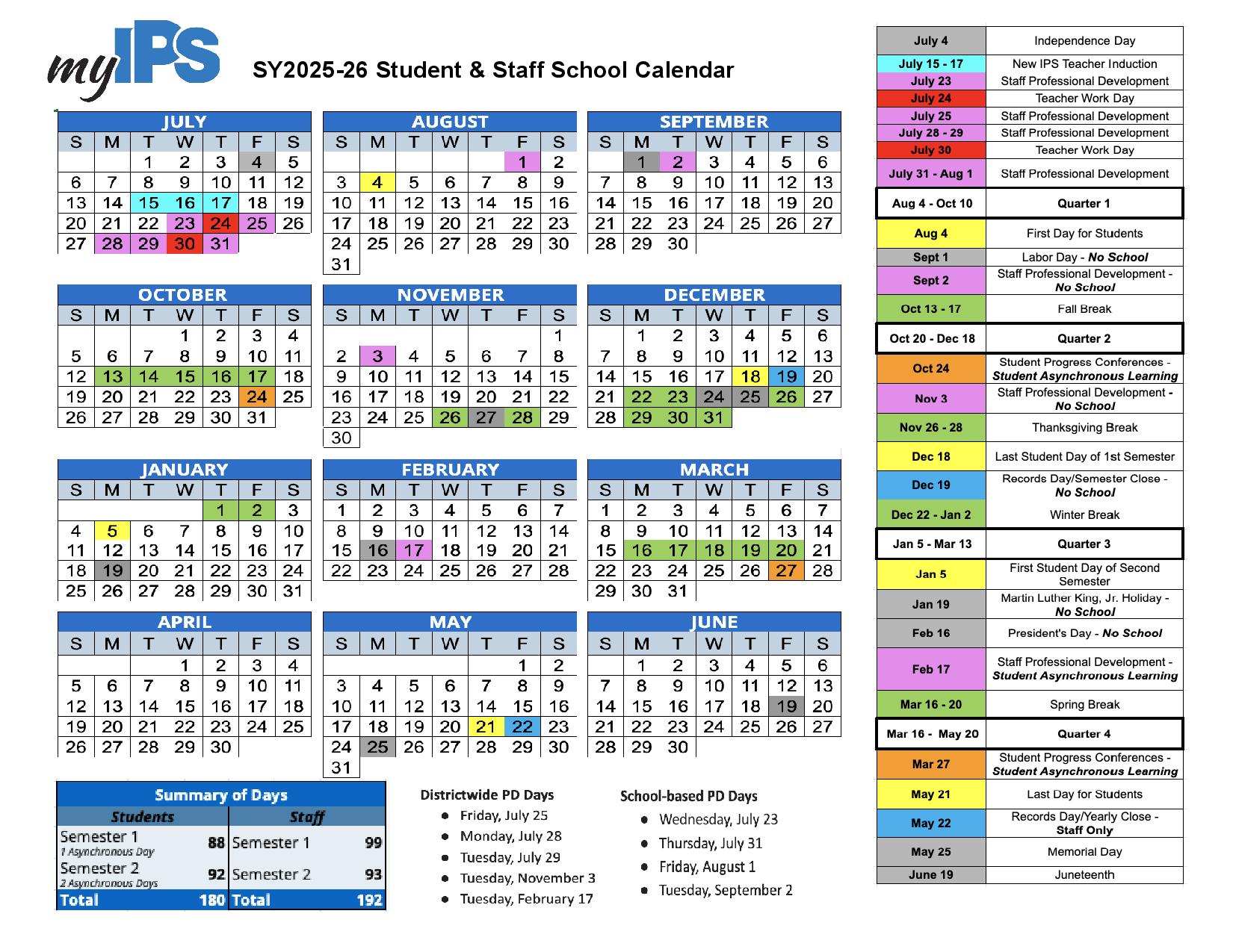 Indianapolis Public Schools Calendar 2025-2026