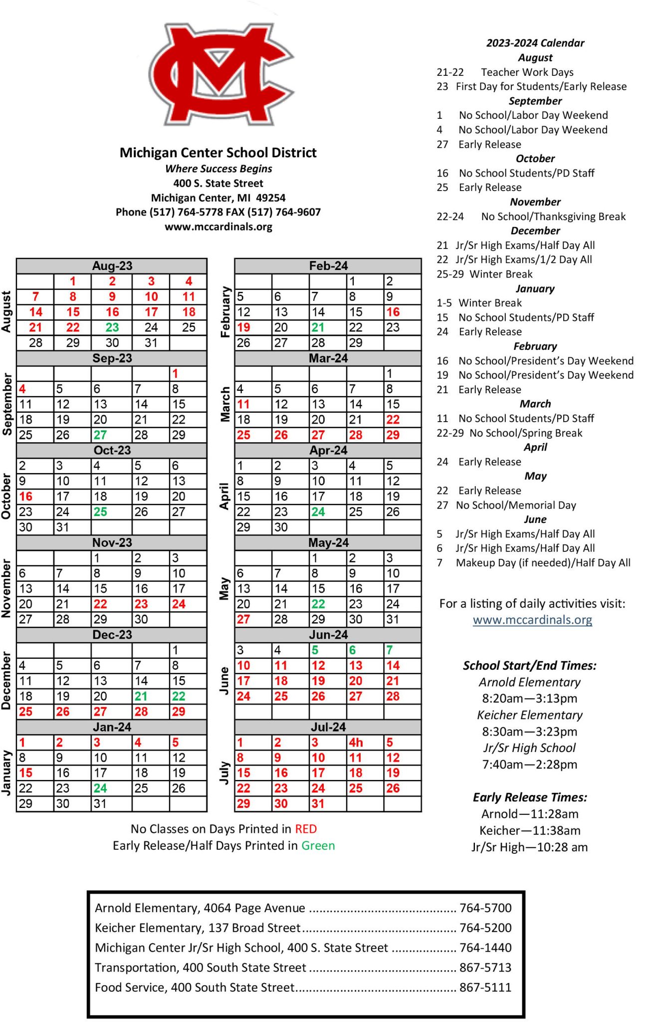 Michigan Center Schools Calendar 2024-2025