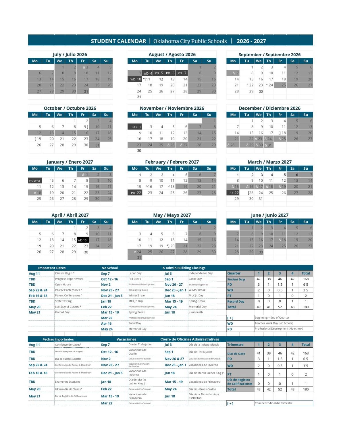 Oklahoma City Public Schools Calendar 2026-2027 | OKCPS