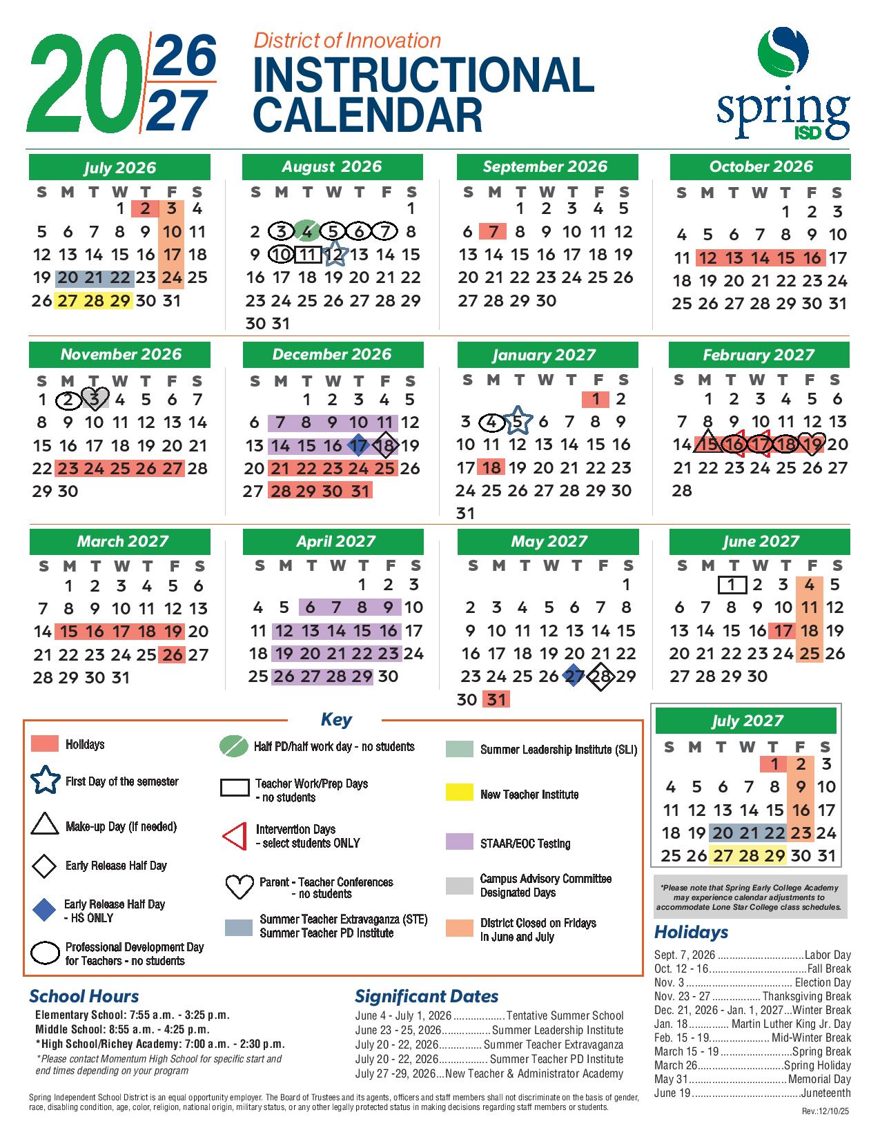 Spring Independent School District Calendar 2026-2027
