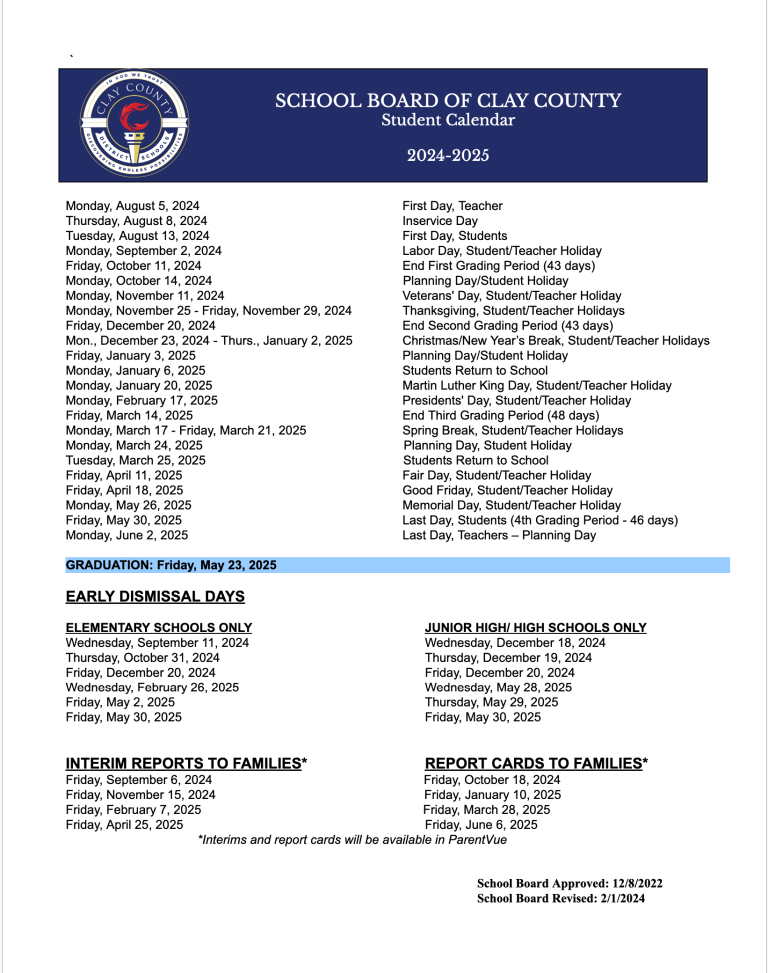 Clay County Schools Calendar 2025-2026 | Academic Holidays