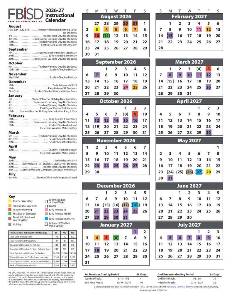 Fort Bend ISD Calendar 2026-2027 | FBISD Holidays