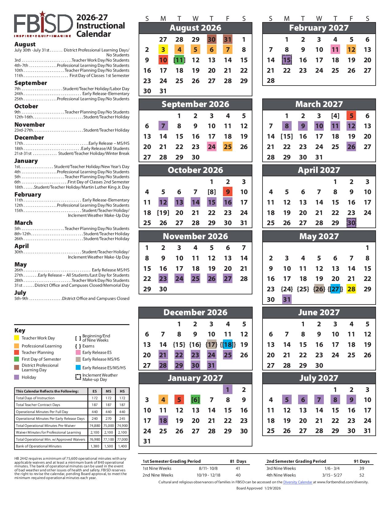 Fort Bend ISD Calendar 2026-2027 | FBISD Holidays