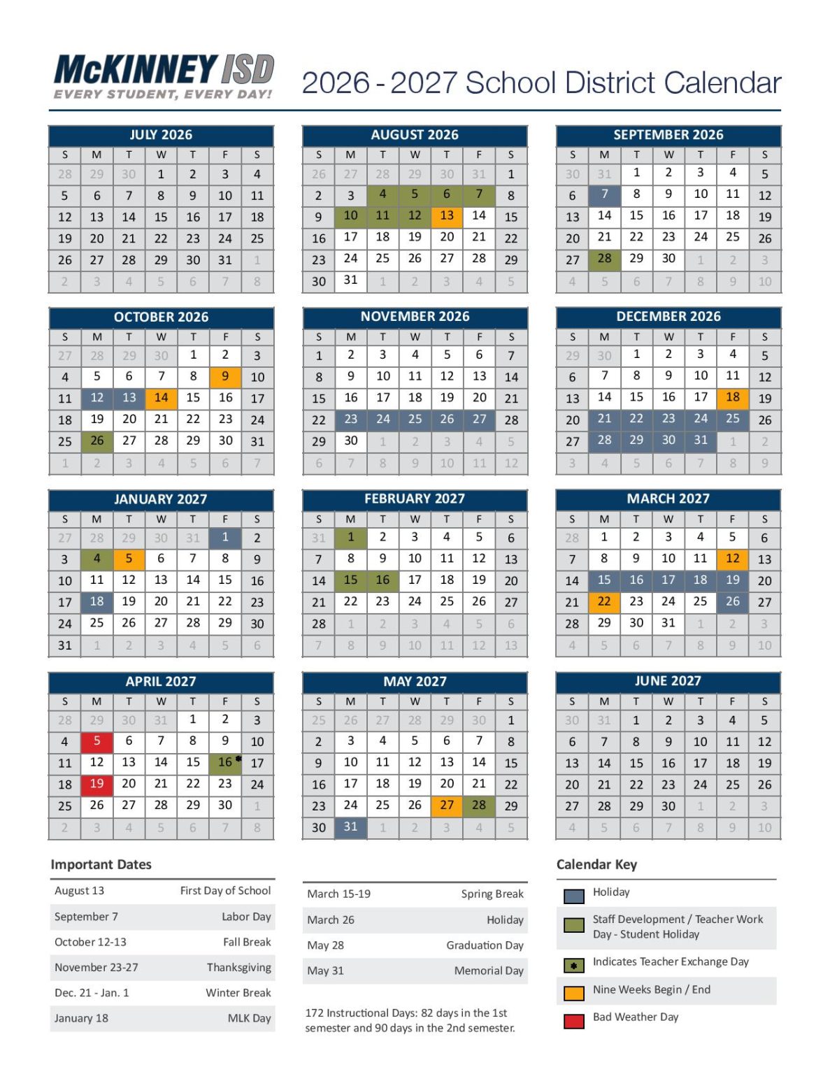 McKinney ISD Academic Calendar 2026-2027 | MISD Holidays