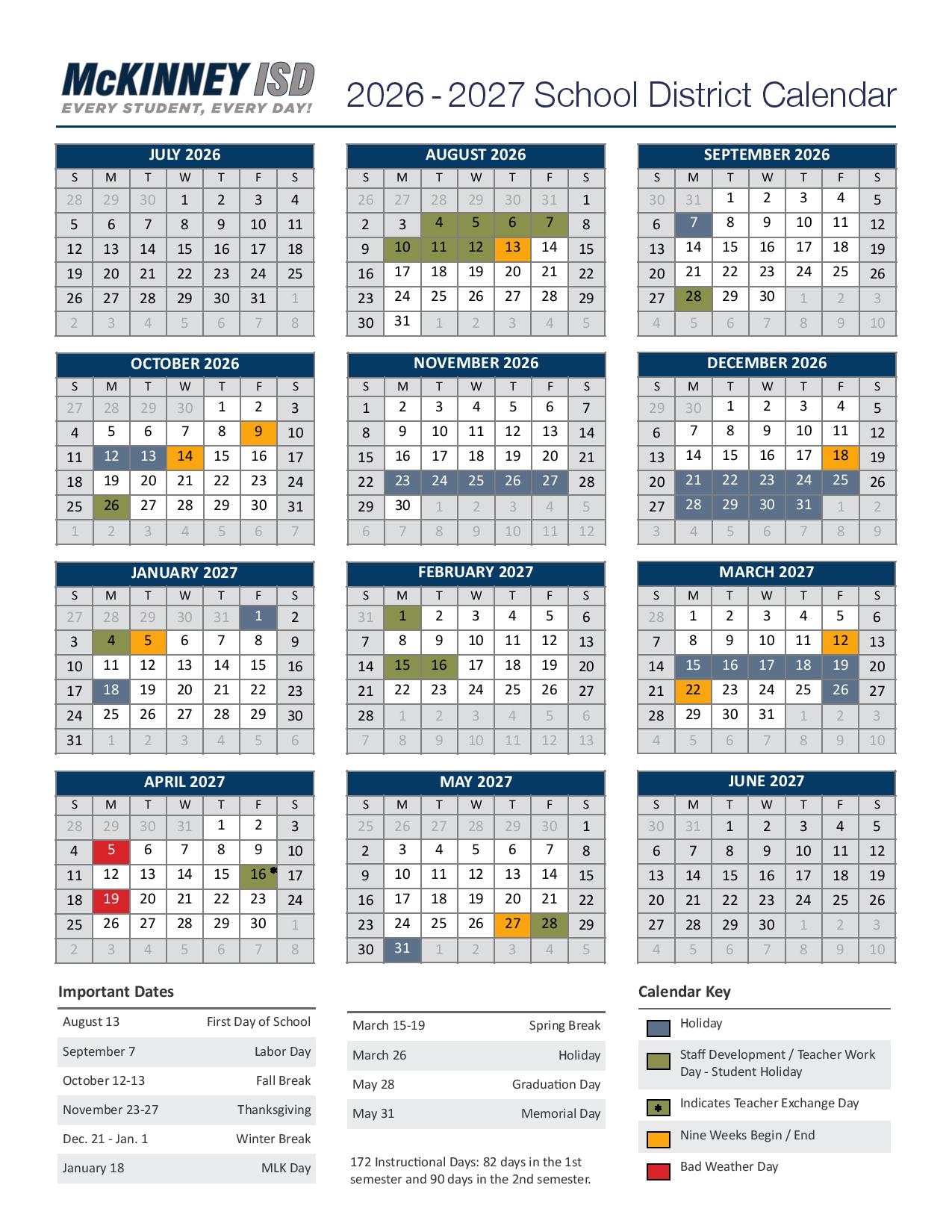 McKinney ISD Academic Calendar 2026-2027 | MISD Holidays