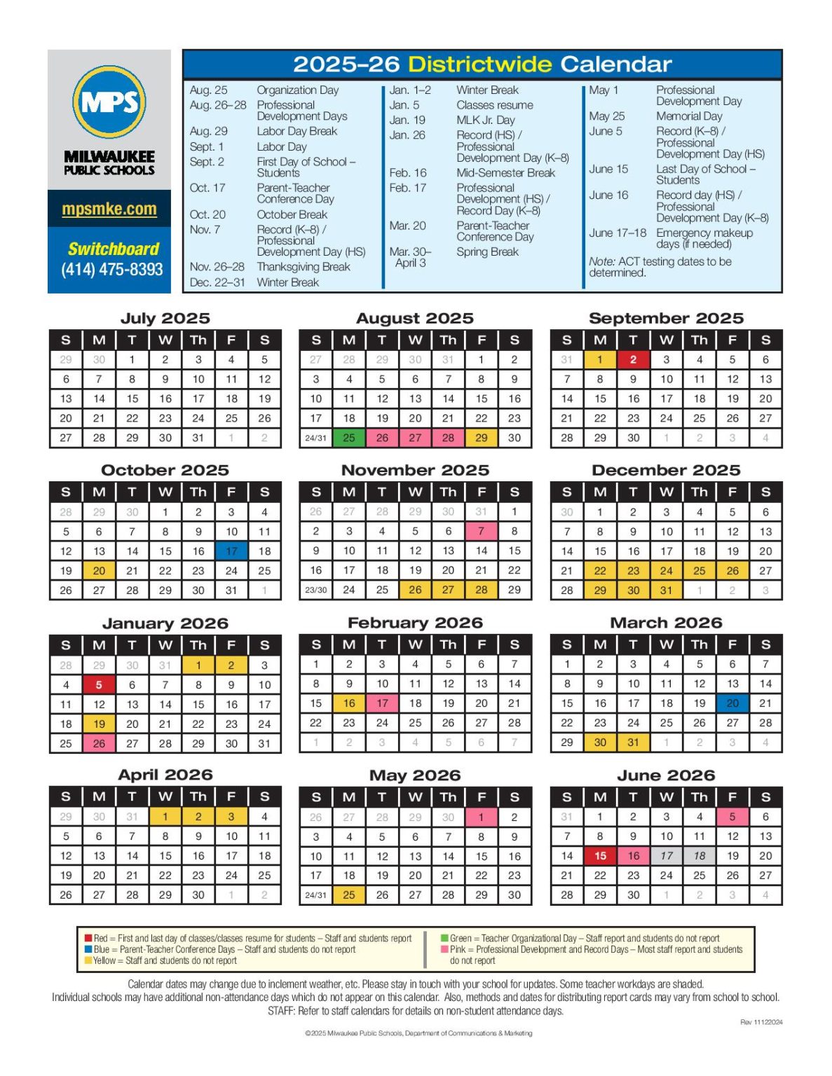 Milwaukee Public Schools Calendar 2026-2027 | MPS Holidays