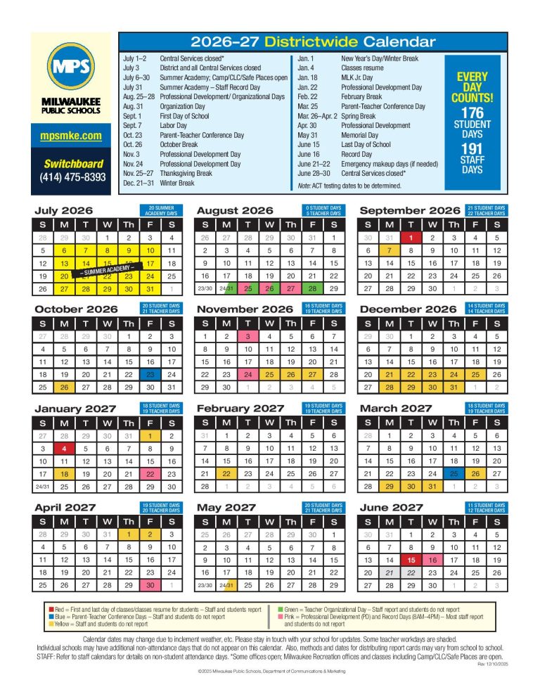 Milwaukee Public Schools Calendar 2026-2027 | MPS Holidays