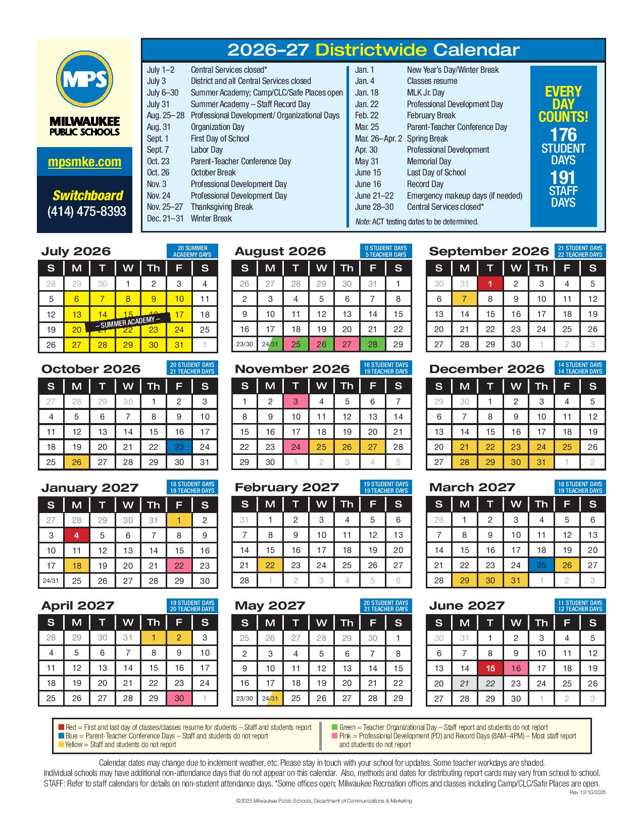 Milwaukee Public Schools Calendar 2026-2027 | MPS Holidays