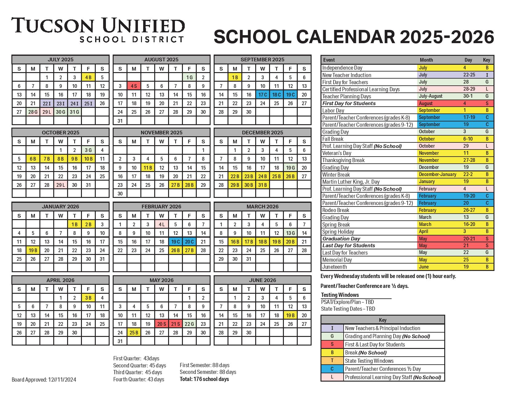 Tucson Unified School District Calendar 2025-2026