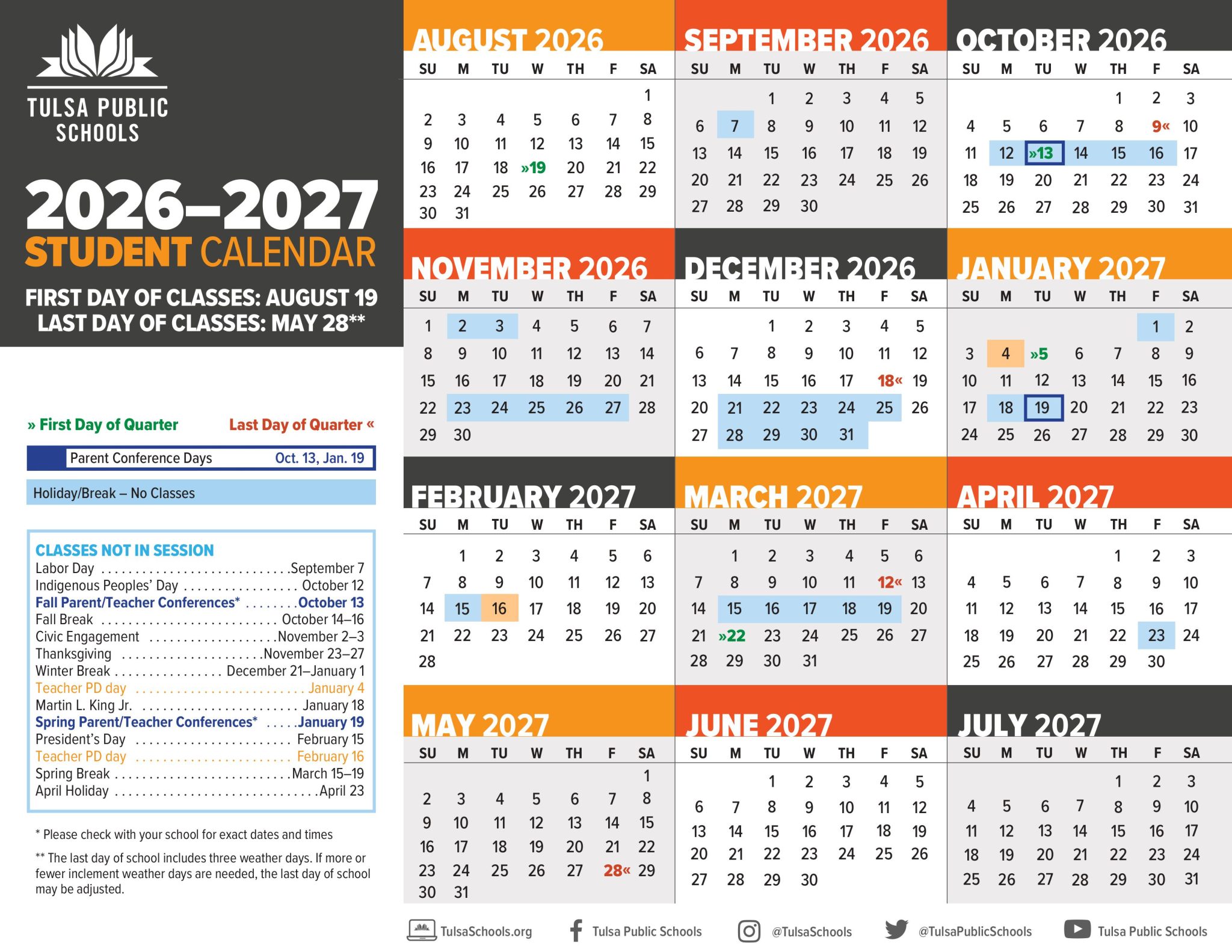 Tulsa Public Schools Calendar 2026 2027 Academic Holidays