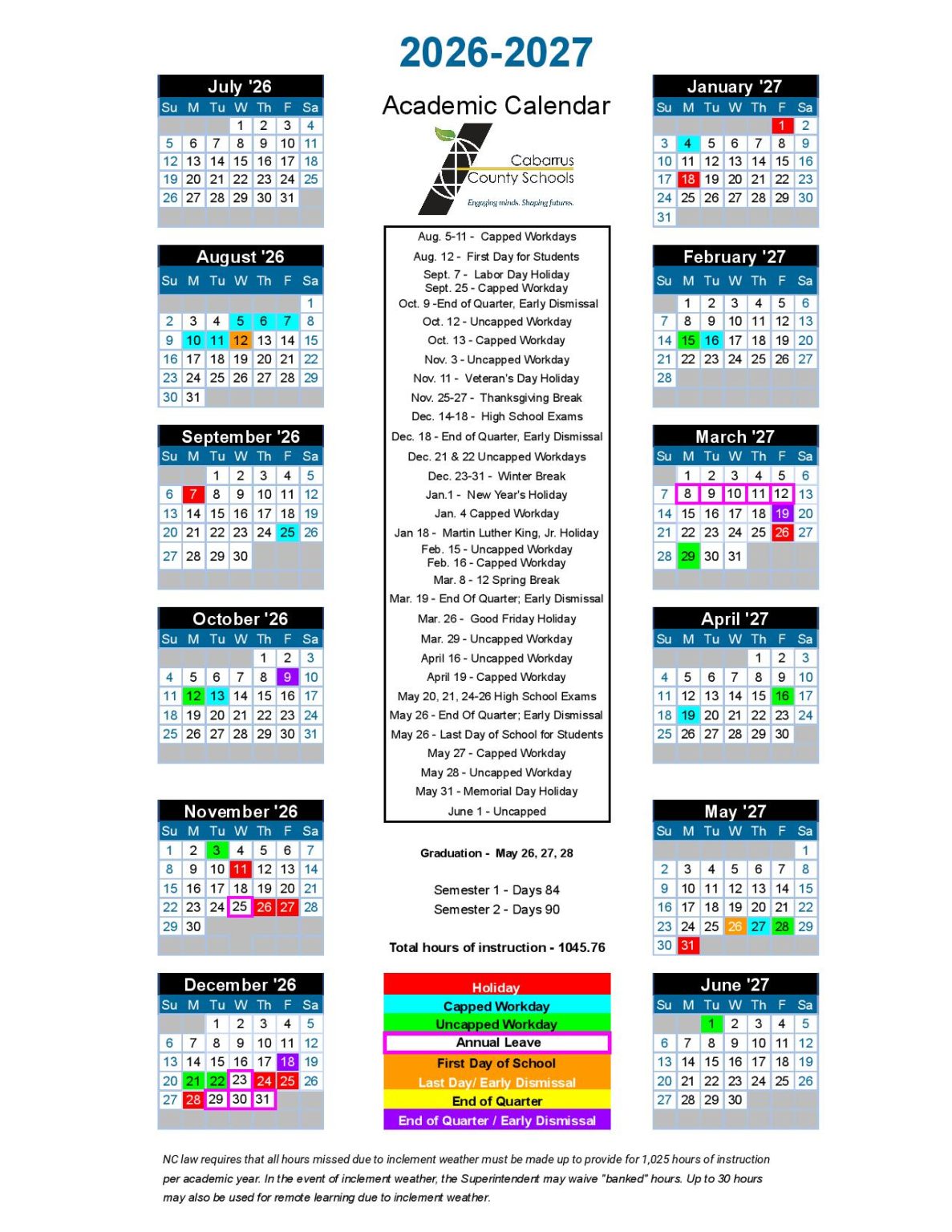 Cabarrus County Schools Calendar 2026-2027 | Download PDF
