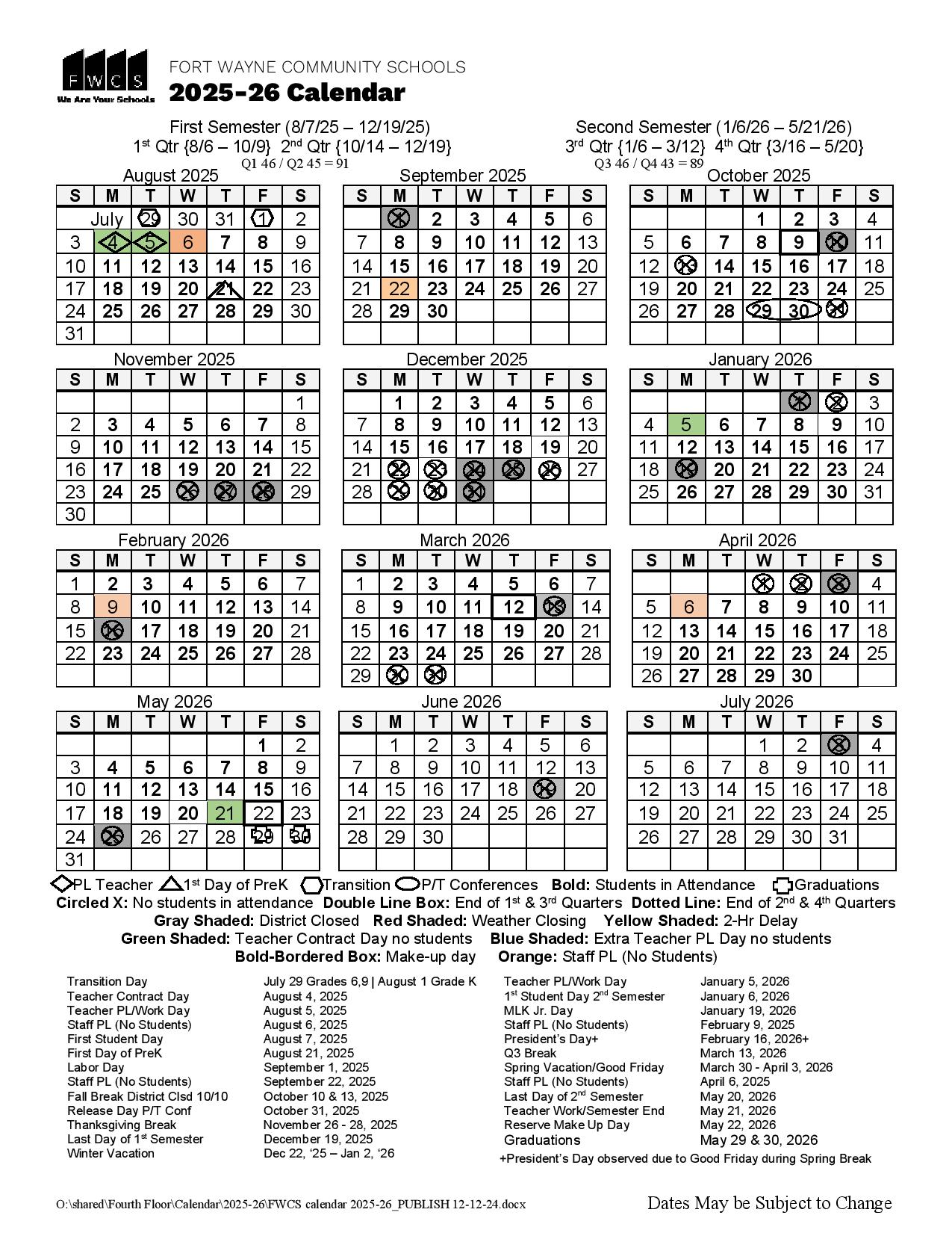 Fort Wayne Schools Calendar 2025 2026 FWCS Holidays Fort Wayne Schools Calendar 2025 2026 FWCS Holidays