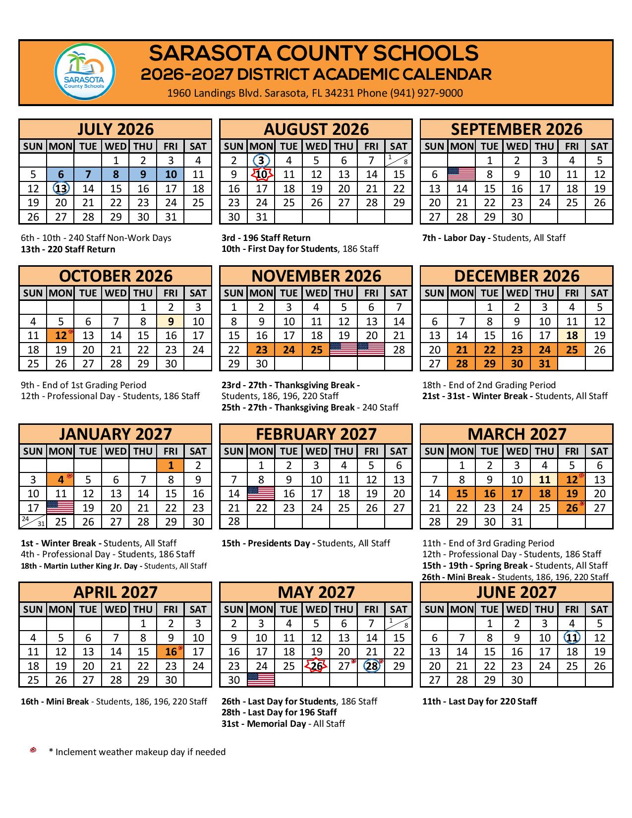 Sarasota County Schools Calendar 2026-2027 | Florida