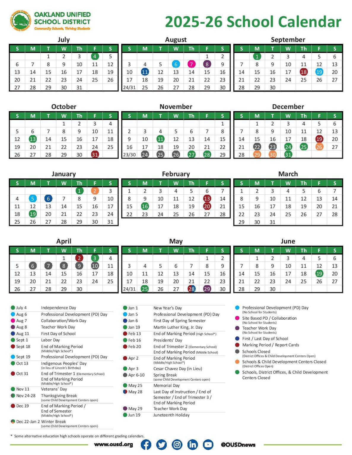 Oakland Unified School District Calendar 2026-2027