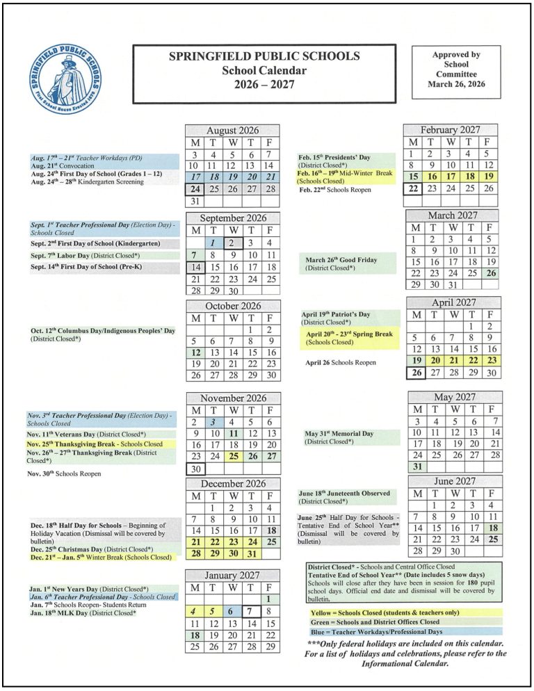 Springfield Public Schools Calendar 2026-2027 | Massachusetts
