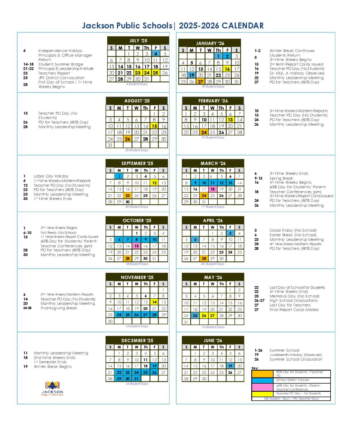 Jackson Public Schools Calendar 2025-2026 | Mississippi