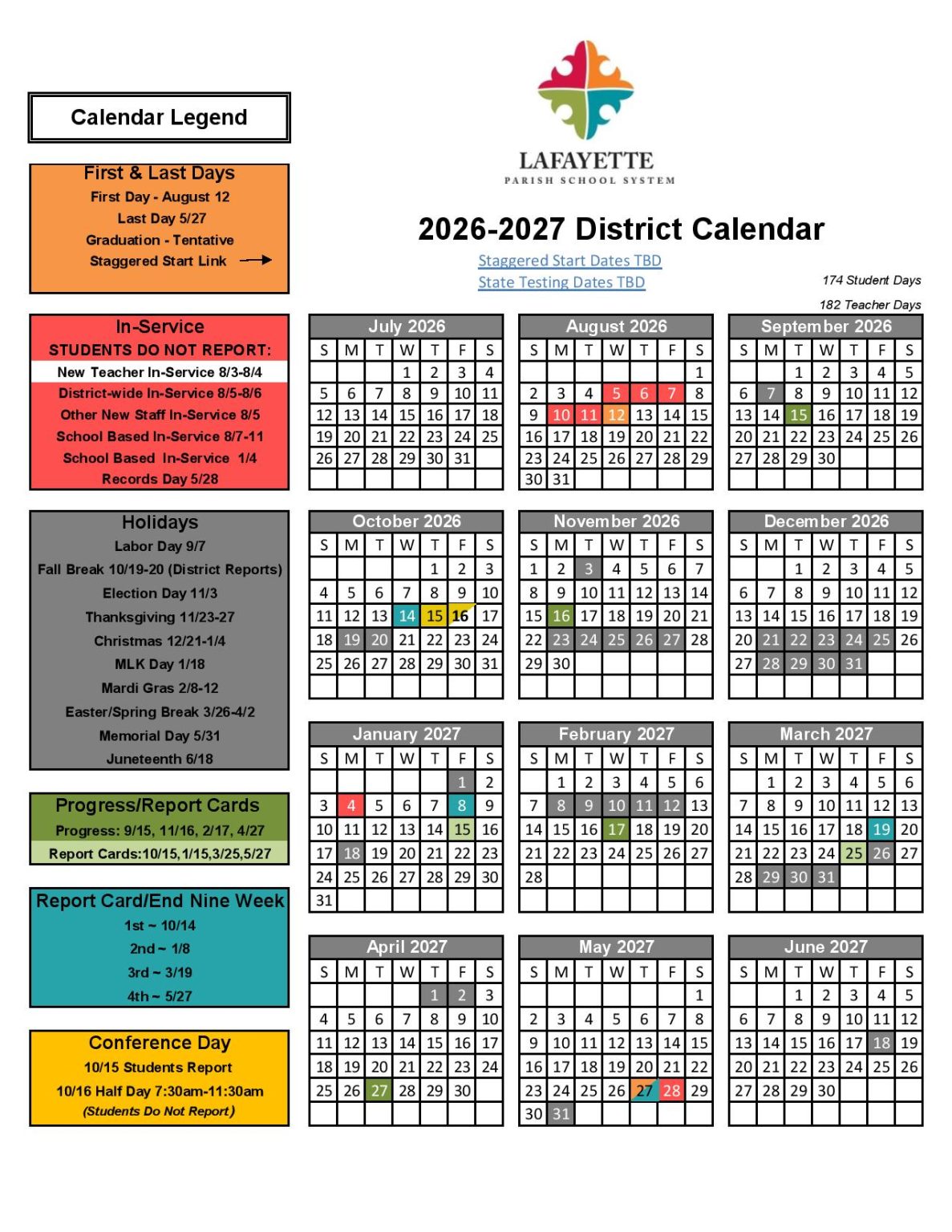 Lafayette Parish School Calendar 2026-2027 | Louisiana