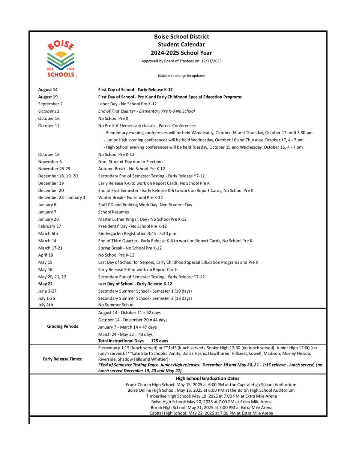Boise School District Calendar 2025-2026 | Holidays