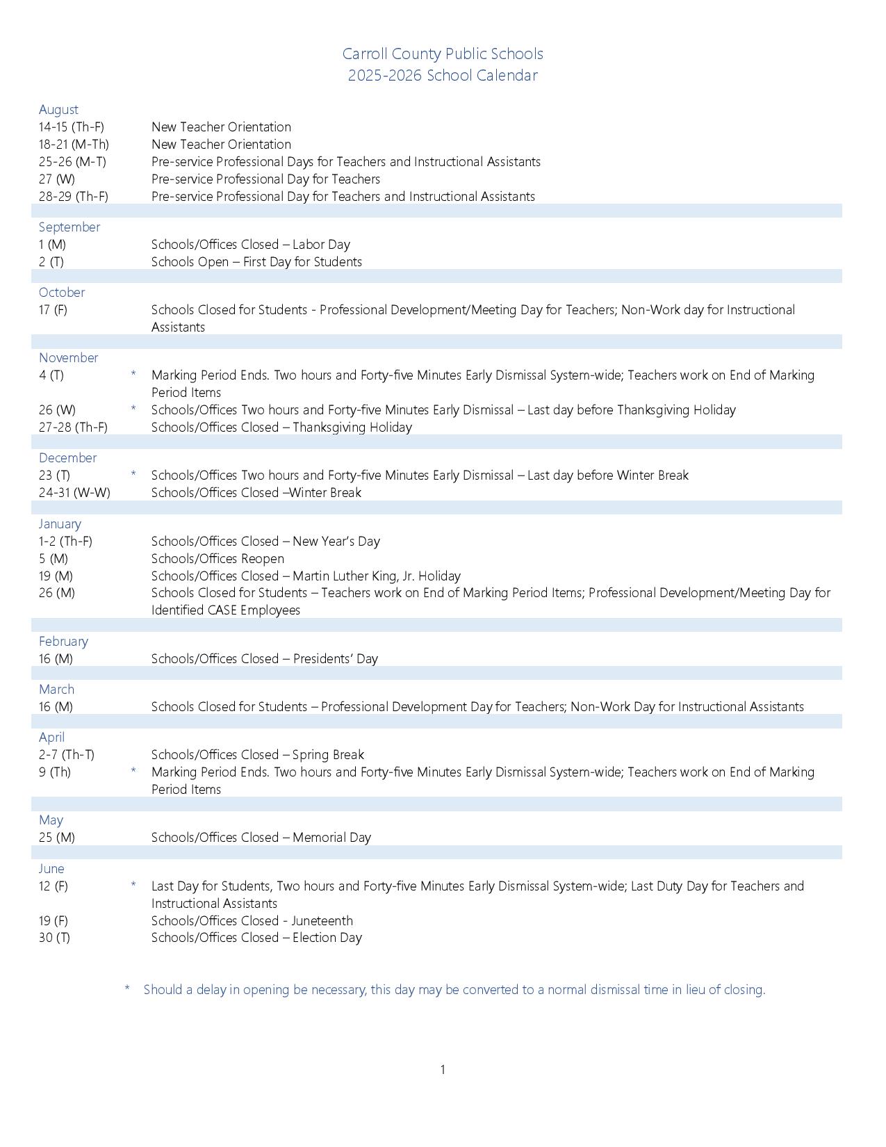 Carroll County Public Schools Calendar 2025-2026 | Download