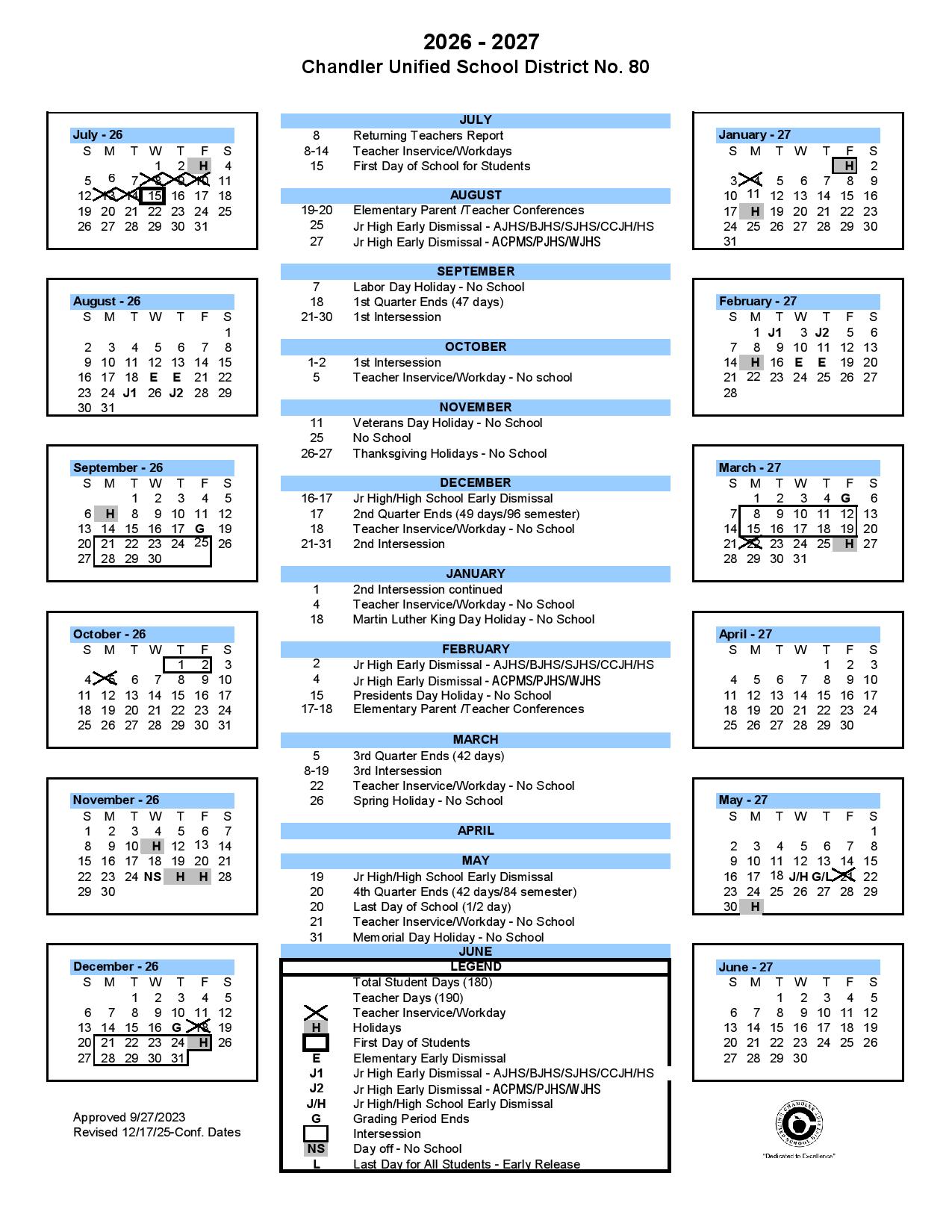 Chandler Unified School District Calendar 2026-2027 | Holidays