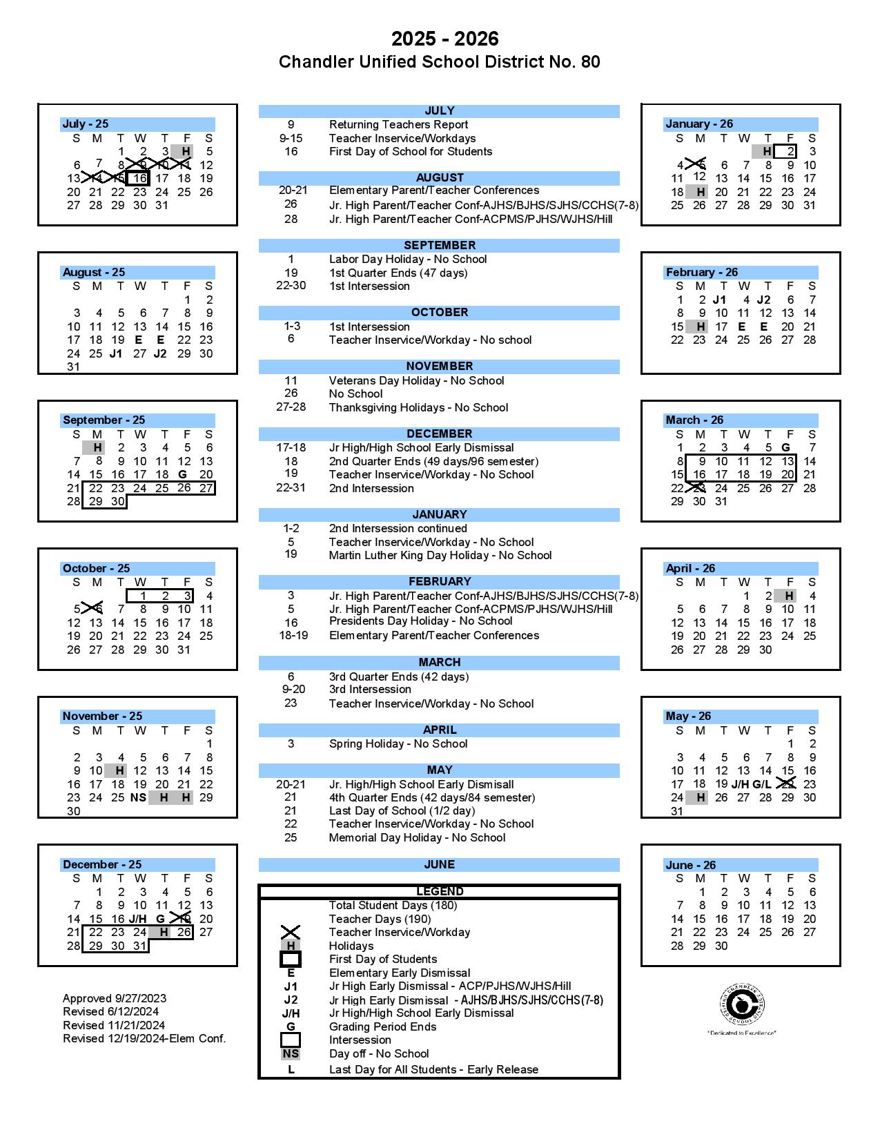 Chandler Unified School District Calendar 25-26 | Holidays