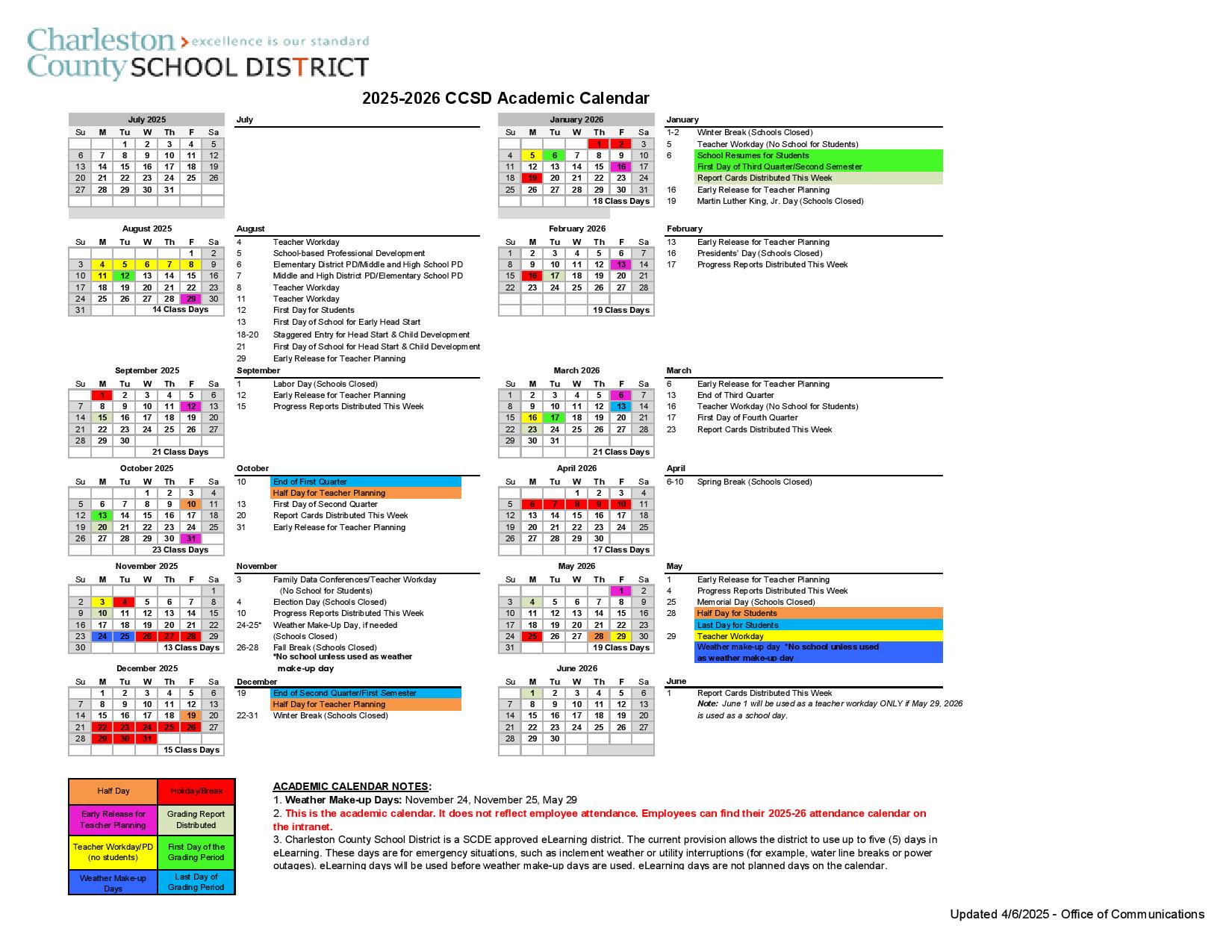 Charleston County School District Calendar 2025-2026 | Holidays