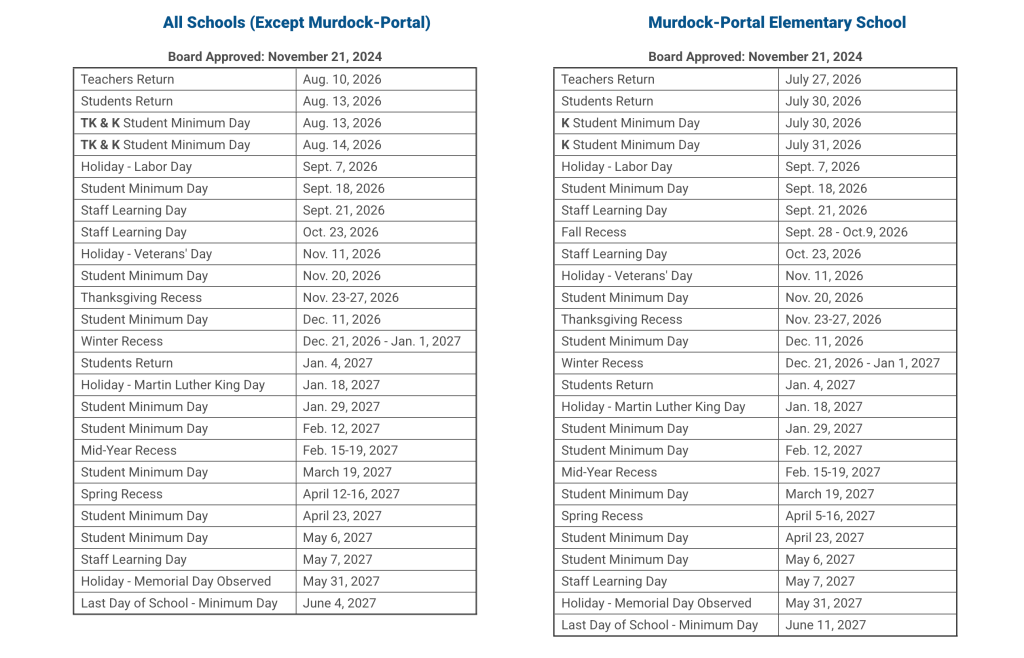 Cupertino Union School District Calendar 2026-27 | CUSD Holidays