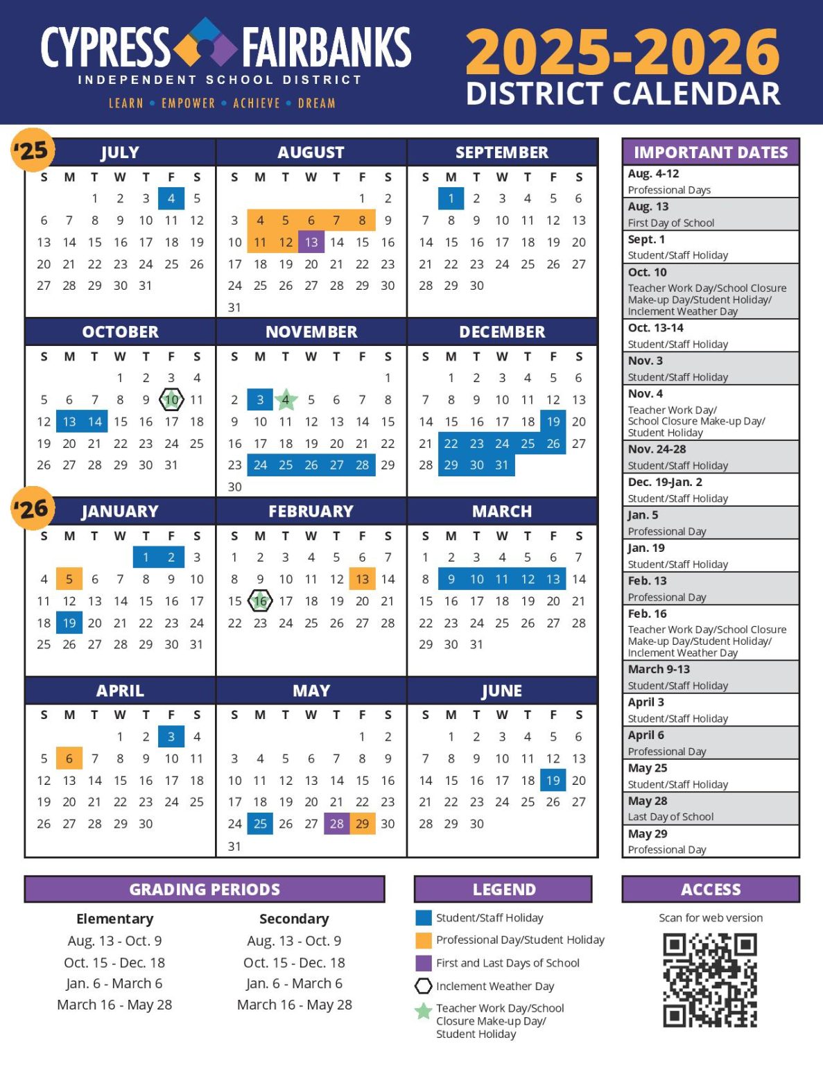 Cypress Fairbanks ISD Calendar 2026-2027 | Holidays