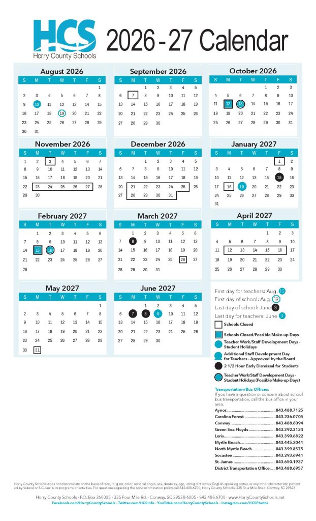 Horry County Schools Calendar 2026-2027 | HCS Holidays
