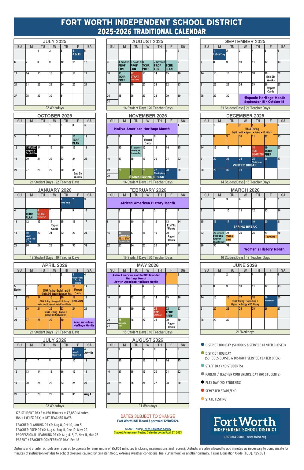 Fort Worth Independent School District Calendar 20252026 School