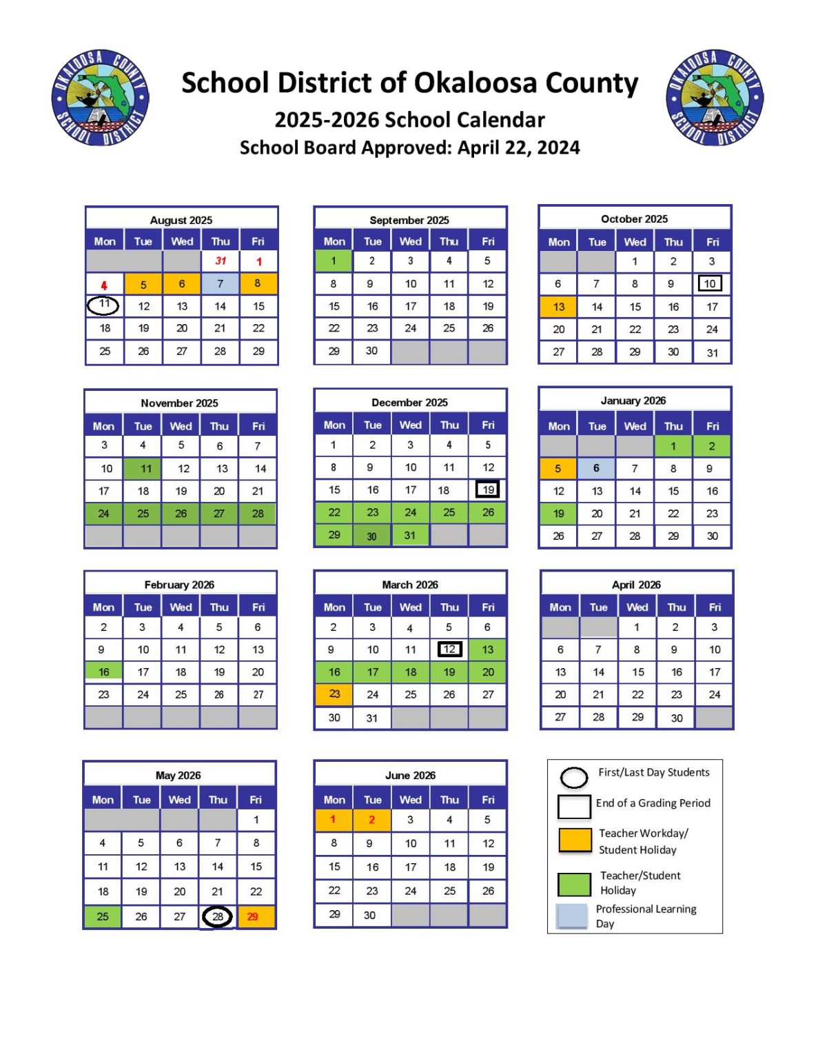 Okaloosa County School District Calendar 2026-2027