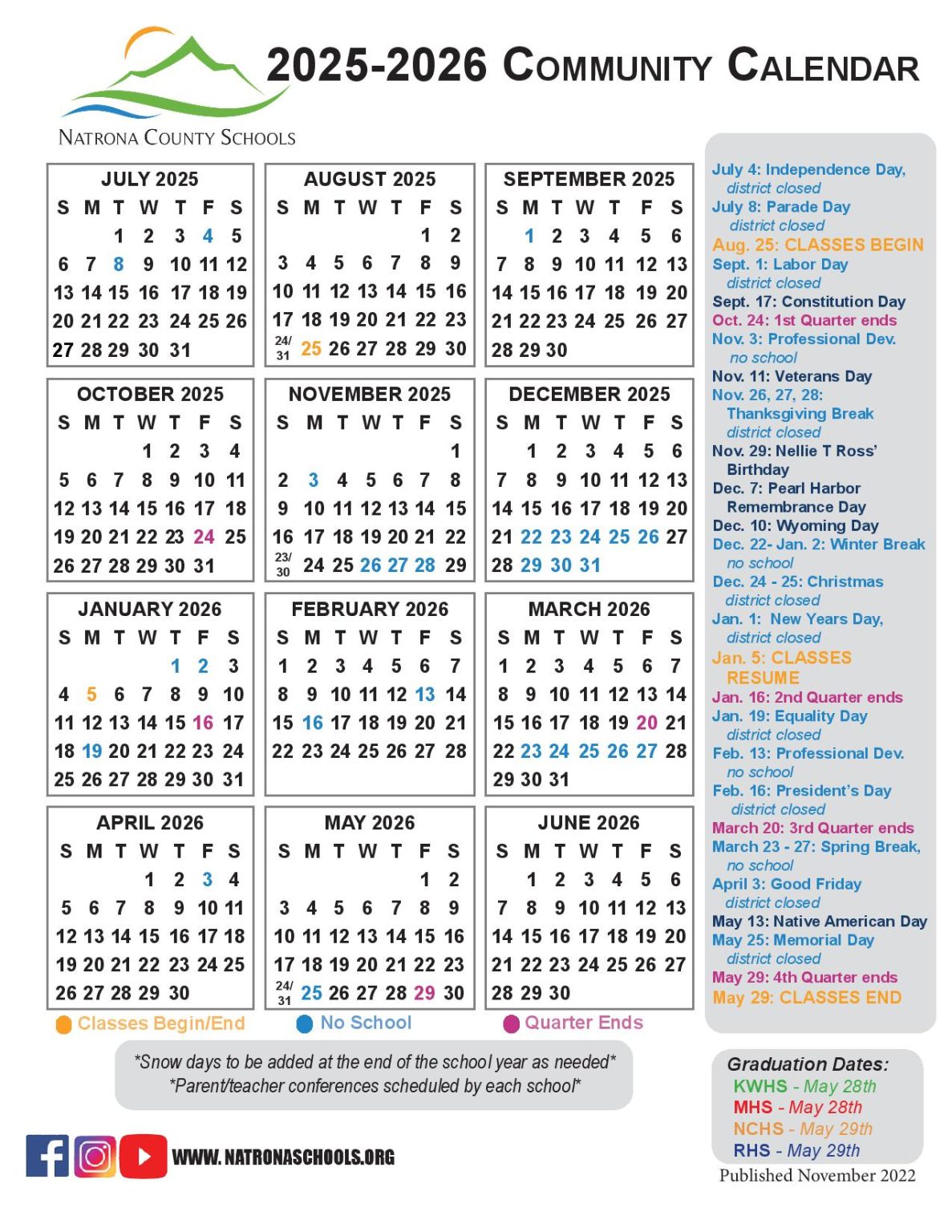 Natrona County School District Calendar 2025-2026 | Holidays