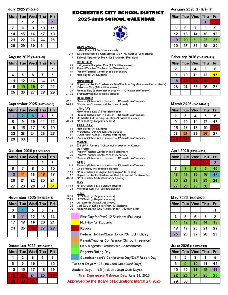 Rochester City School District Calendar 2025-2026
