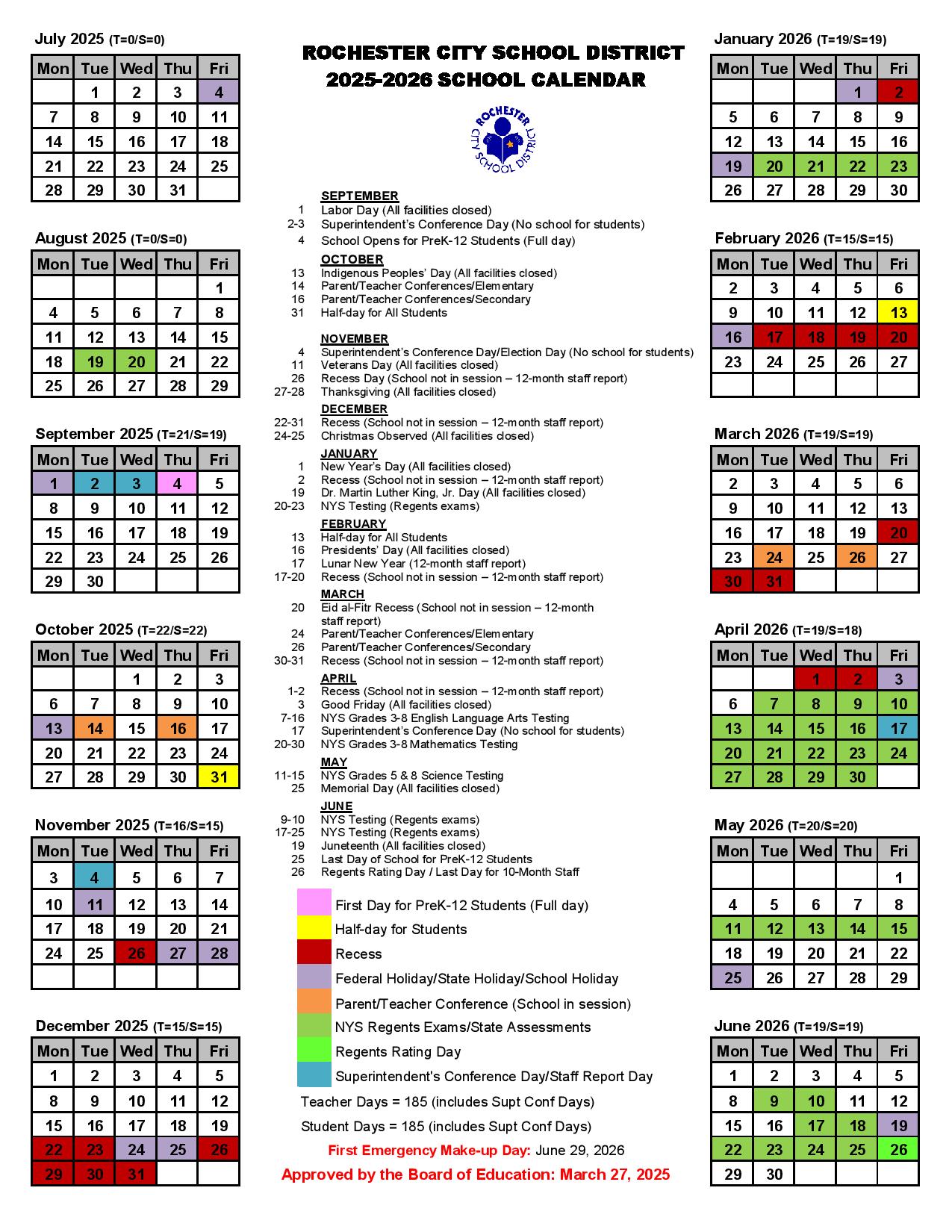 Rochester City School District Calendar 2025-2026