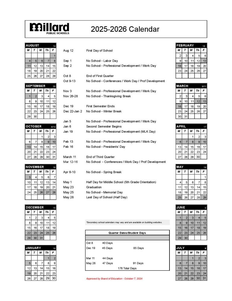 Millard Public Schools Calendar 2026-2027 | Holidays