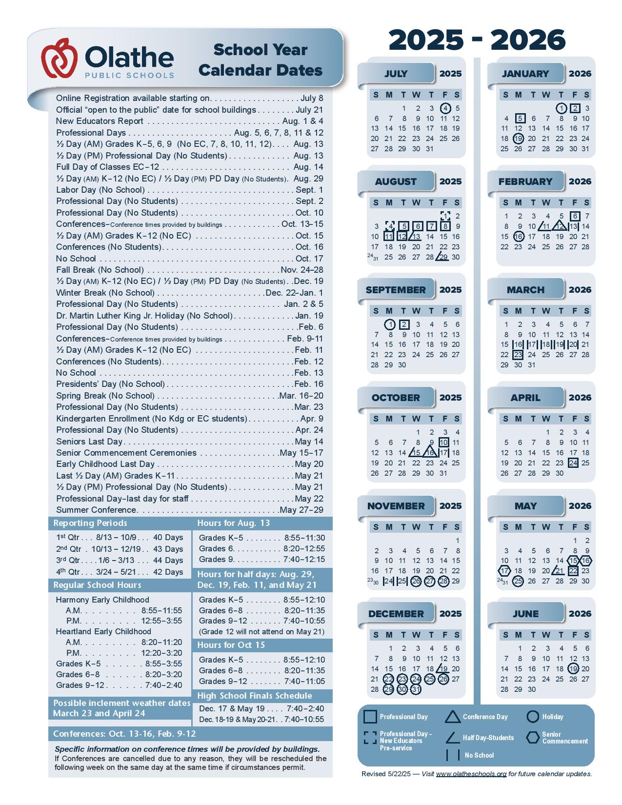 Olathe Unified School District Calendar 2025-2026 | Holidays
