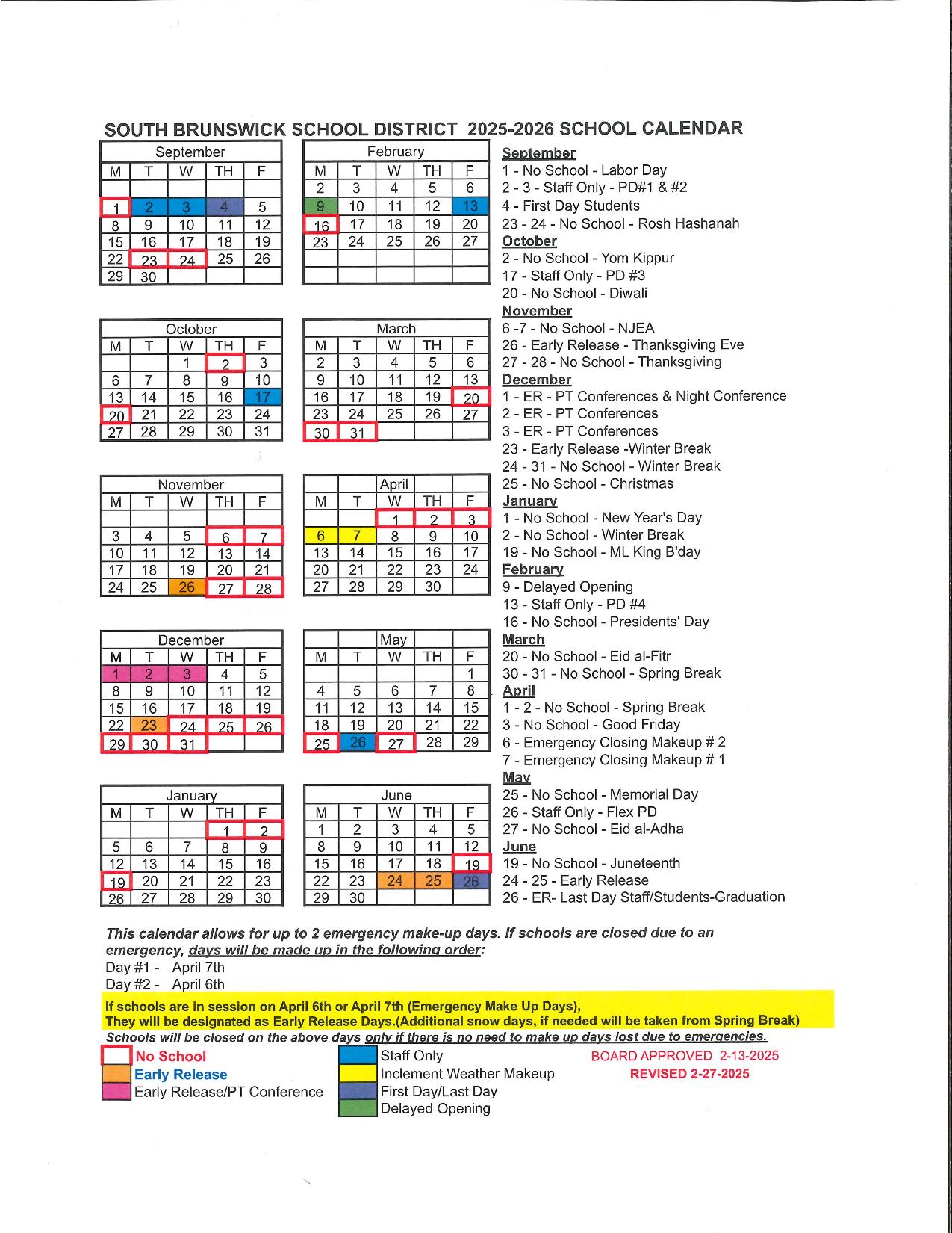 South Brunswick Schools Calendar 2025-2026 | Holidays