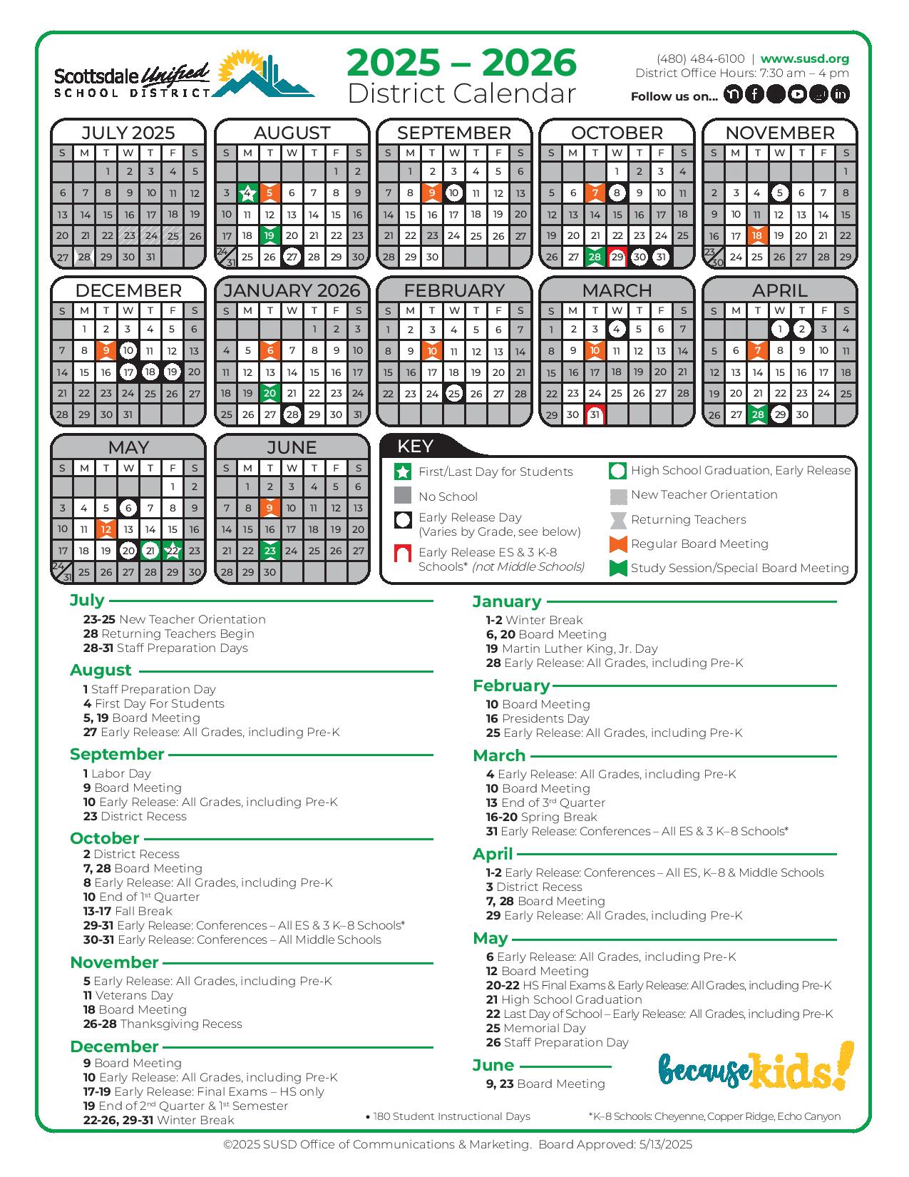 Scottsdale Unified School District Calendar 2025-2026