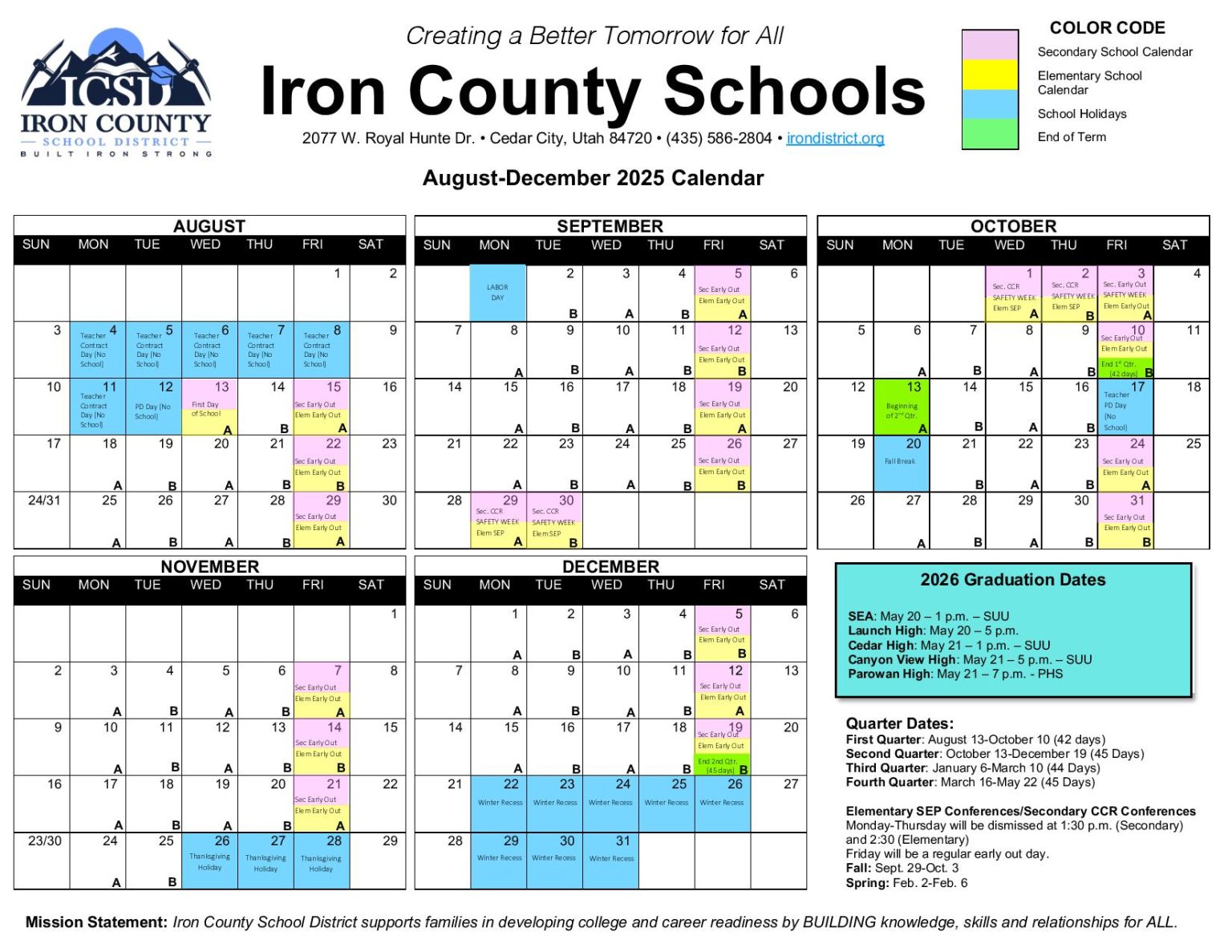 Iron County School District Calendar 2026-2027 | Holidays