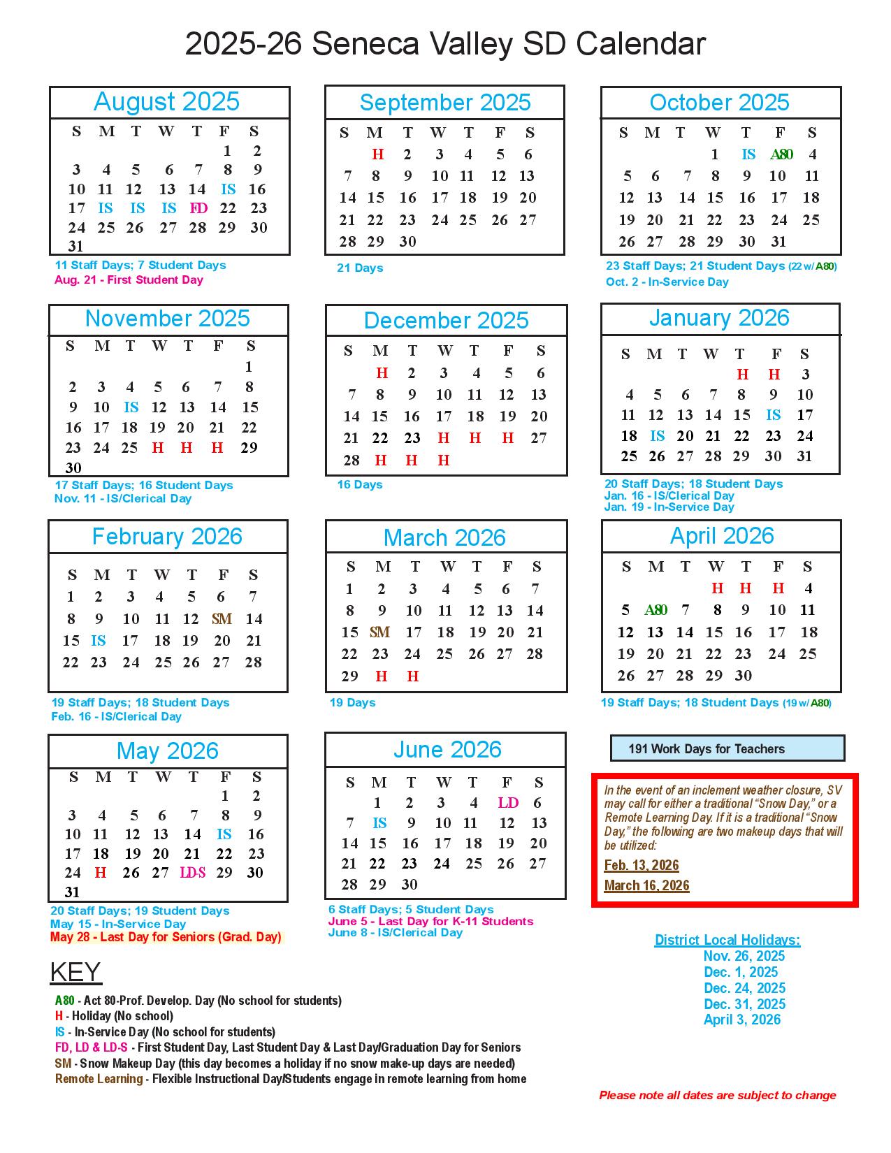 Seneca Valley School District Calendar 2025-2026 | Holidays